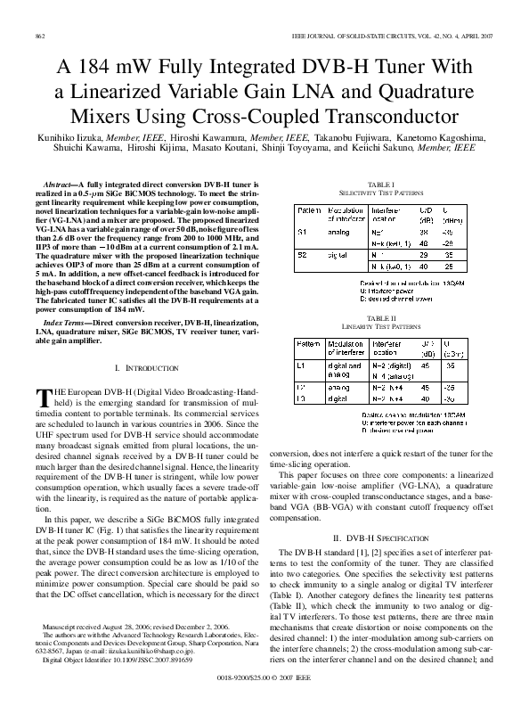 (PDF) A 184 mW Fully Integrated DVB-H Tuner With a Linearized Variable ...