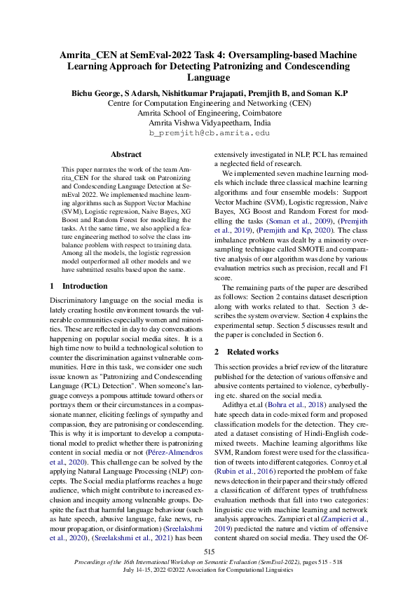 Pdf Amrita Cen At Semeval 2022 Task 4 Oversampling Based Machine Learning Approach For