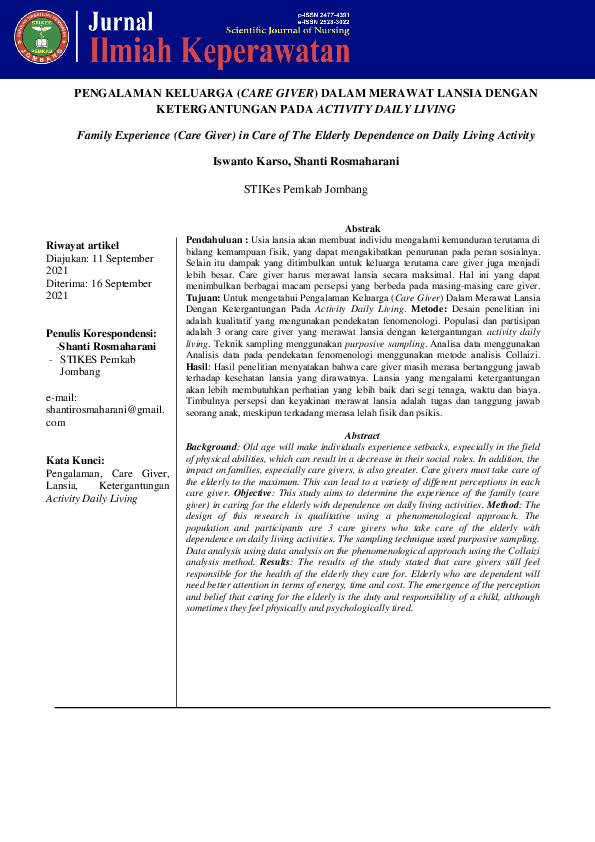 (PDF) Pengalaman Keluarga (Care Giver) Dalam Merawat Lansia Dengan Ketergantungan Pada Activity ...