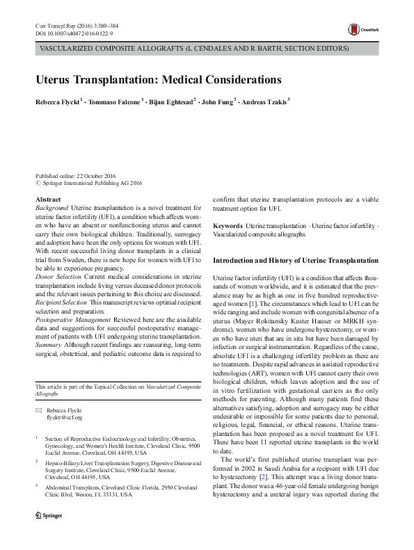 (PDF) Uterus Transplantation: Medical Considerations