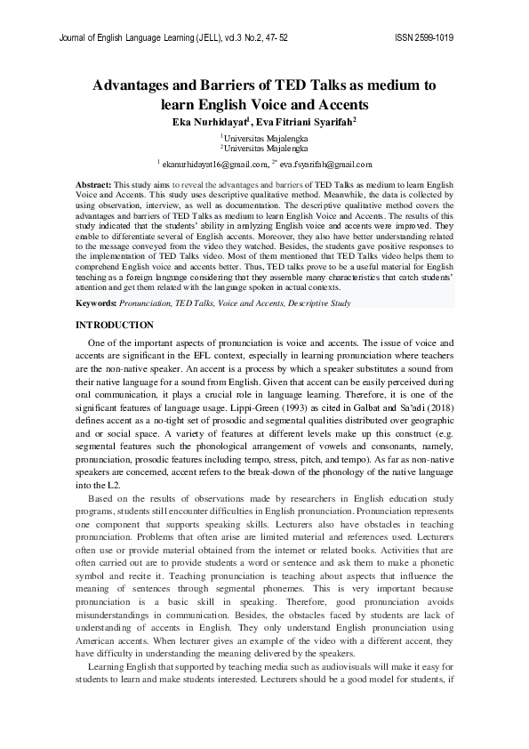(PDF) Advantages and Barriers of TED Talks as medium to learn English ...