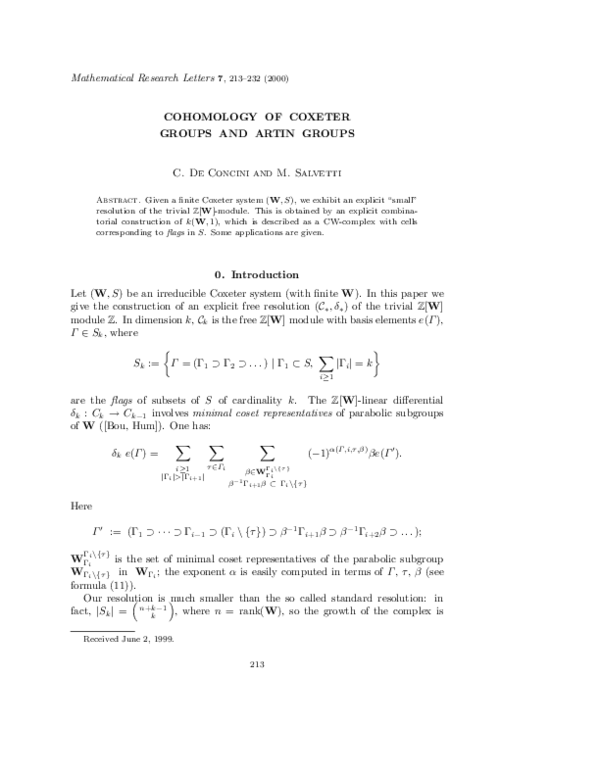 (PDF) Cohomology of Coxeter groups and Artin groups