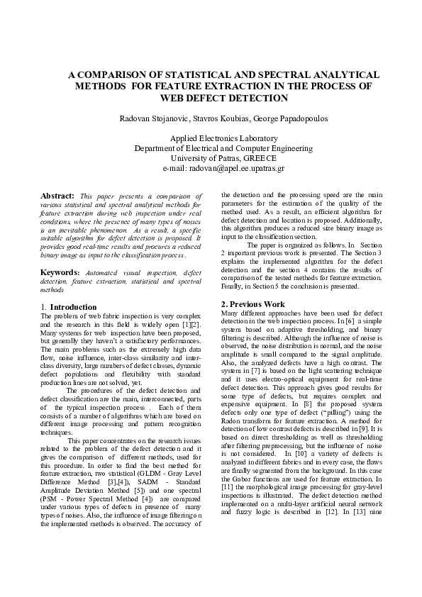 (PDF) A comparison of statistical and spectral analytical methods for feature extraction in the ...