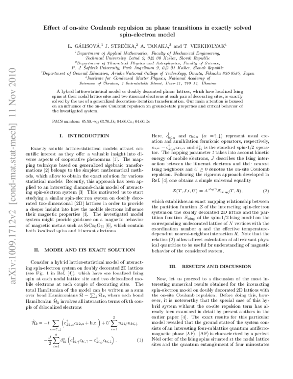(PDF) Effect of On-Site Coulomb Repulsion on Phase Transitions in Exactly Solved Spin-Electron Model