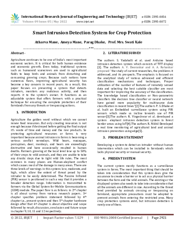 Pdf Smart Intrusion Detection System For Crop Protection