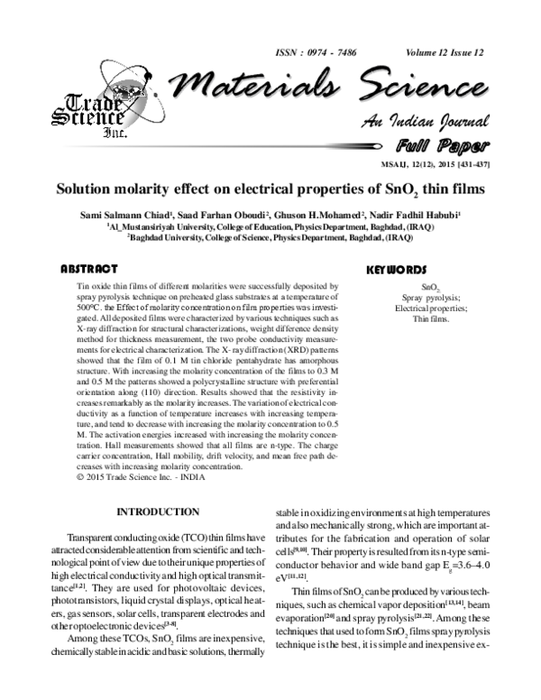 (PDF) Solution molarity effect on electrical properties of SnO2 thin films