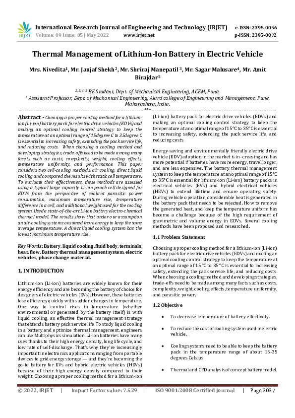 (PDF) Thermal Management of Lithium-Ion Battery in Electric Vehicle
