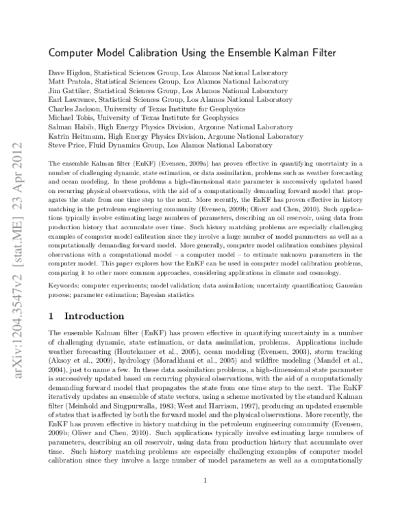 Pdf Computer Model Calibration Using The Ensemble Kalman Filter Charles Jackson