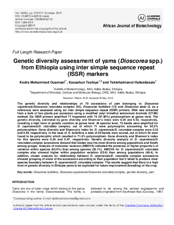 (PDF) Genetic diversity assessment of yams (Dioscorea spp.) from Ethiopia using inter simple ...
