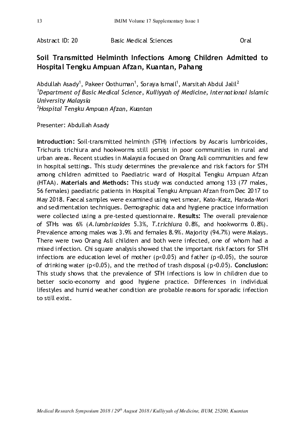 (PDF) Soil Transmitted Helminth Infections Among Children Admitted to ...