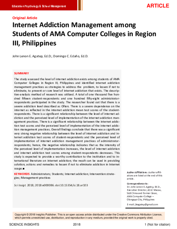 (PDF) Internet Addiction Management among Students of AMA Computer ...
