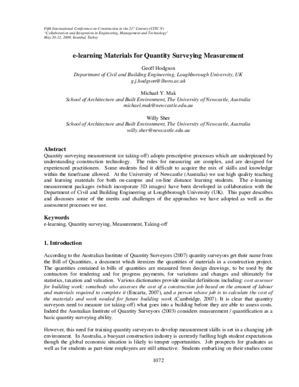 (PDF) E-learning materials for quantity surveying measurement