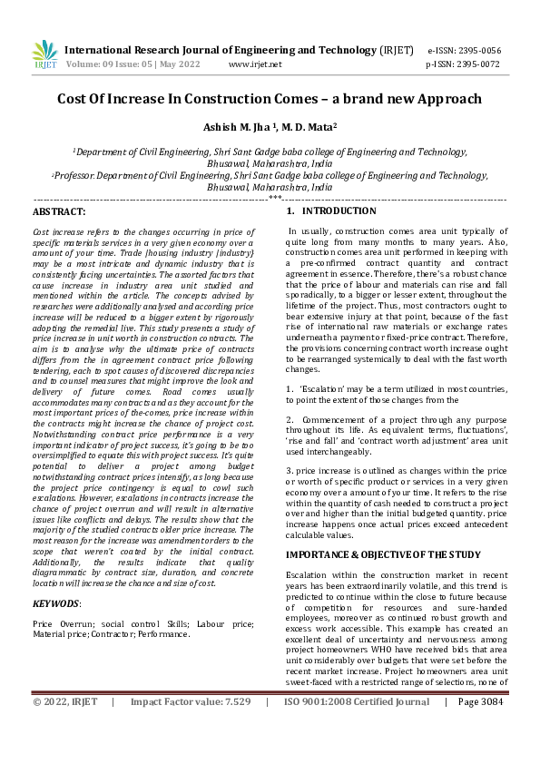 (PDF) Cost Of Increase In Construction Comes -a brand new Approach