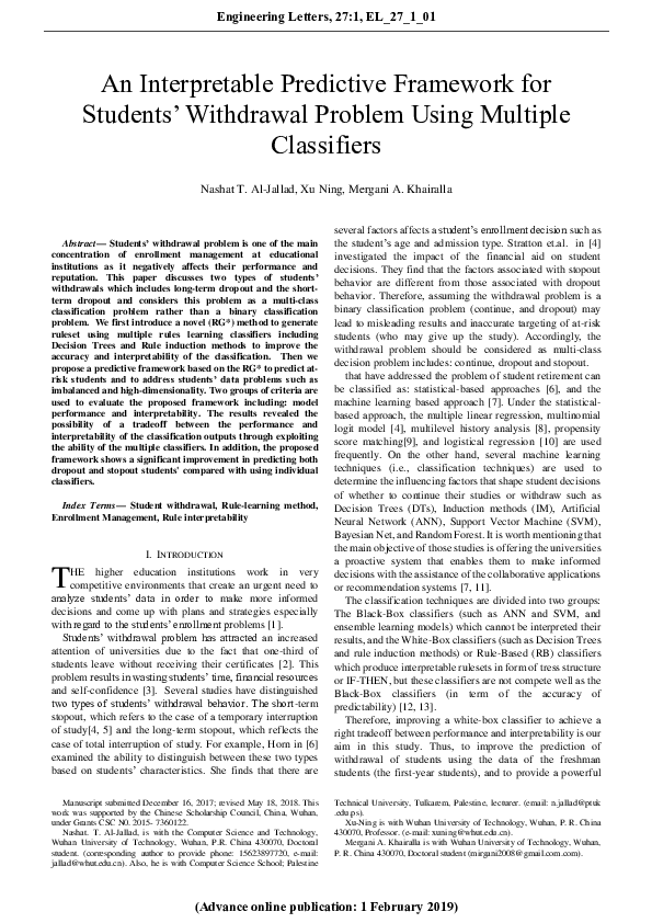 An Interpretable Predictive Framework for Students ’ Withdrawal Problem Using Multiple Classifiers