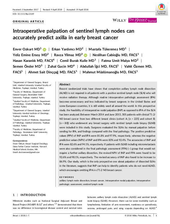 (PDF) Intraoperative palpation of sentinel lymph nodes can accurately predict axilla in early ...