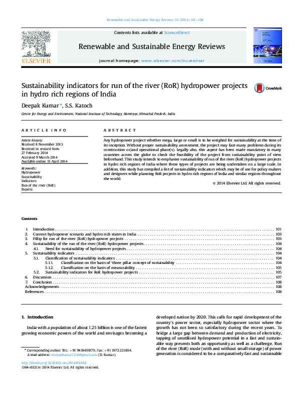 (PDF) Sustainability indicators for run of the river (RoR) hydropower ...