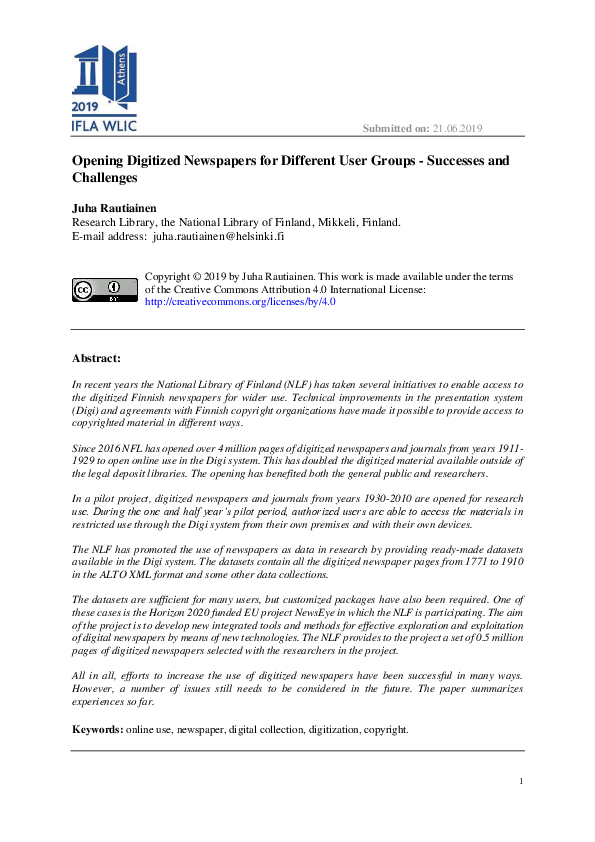 (PDF) Opening Digitized Newspapers for Different User Groups ...