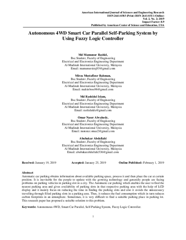 (PDF) Fuzzy Logic for Smart Car Self-Parking System