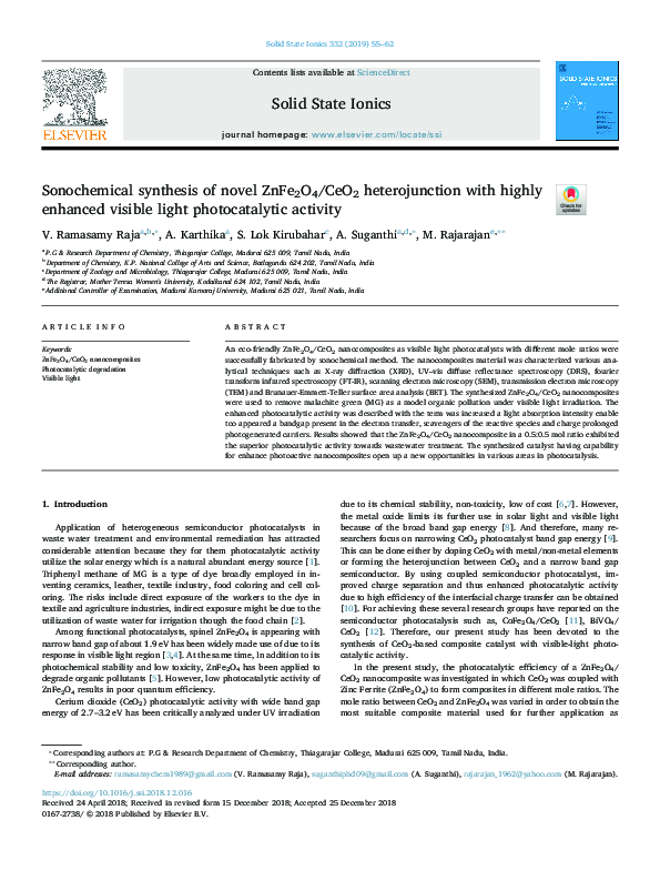 (PDF) Sonochemical synthesis of novel ZnFe2O4/CeO2 heterojunction with ...