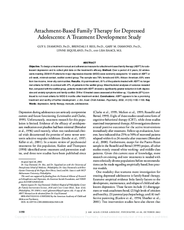 (PDF) Attachment-Based Family Therapy for Depressed Adolescents: A Treatment Development Study