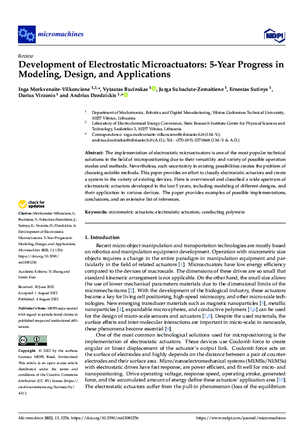 Pdf Development Of Electrostatic Microactuators 5 Year Progress In Modeling Design And