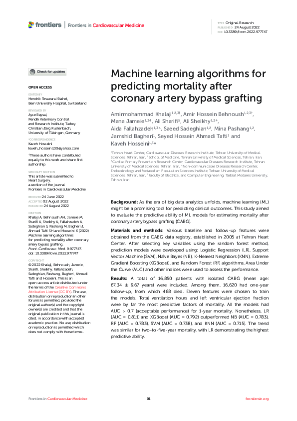 (PDF) Machine learning algorithms for predicting mortality after coronary artery bypass grafting