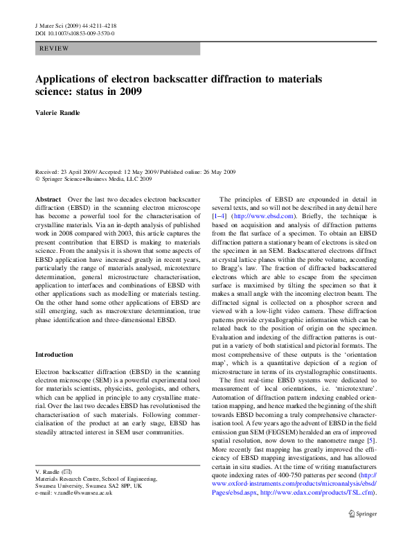 (PDF) Applications of electron backscatter diffraction to materials science: status in 2009