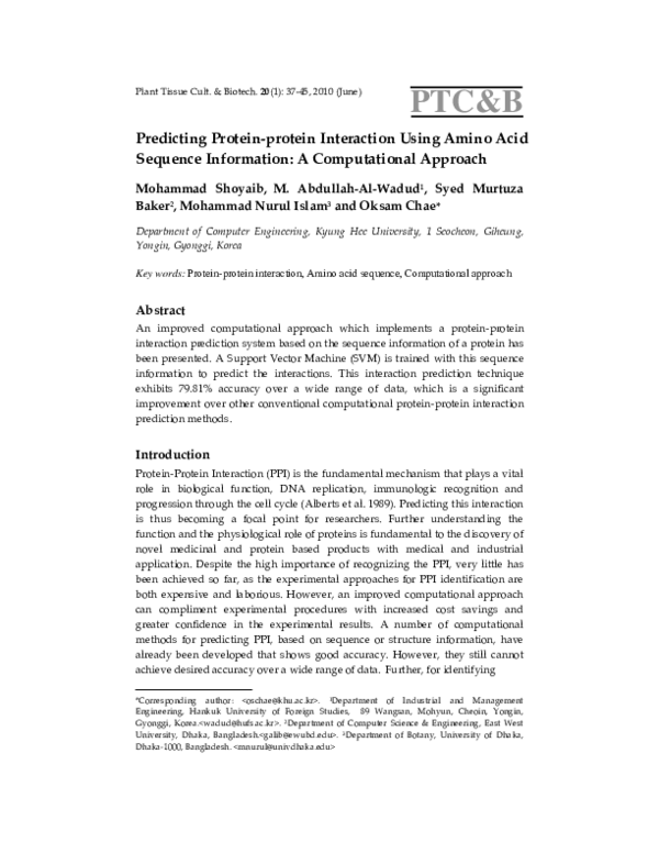 Pdf Predicting Protein Protein Interaction Using Amino Acid Sequence Information A