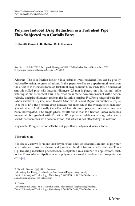 (PDF) Polymer Induced Drag Reduction in a Turbulent Pipe Flow Subjected to a Coriolis Force | R ...