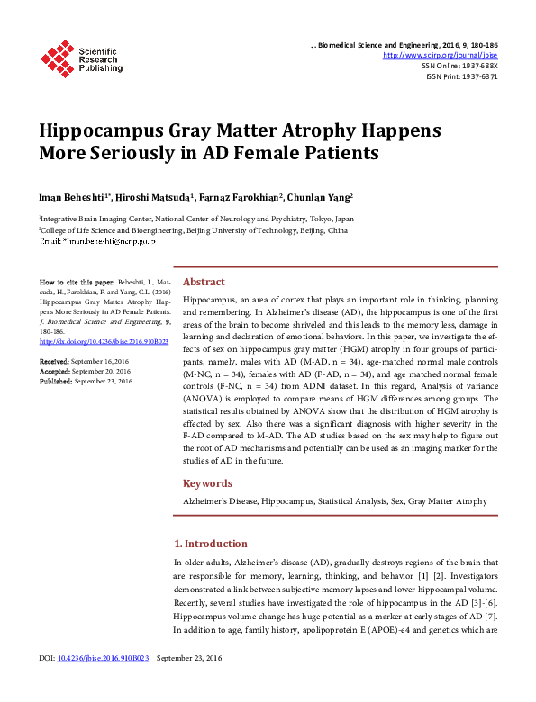 (PDF) Hippocampus Gray Matter Atrophy Happens More Seriously in AD Female Patients