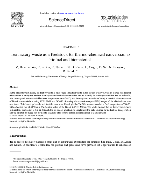 (PDF) Tea factory waste as a feedstock for thermo-chemical conversion ...