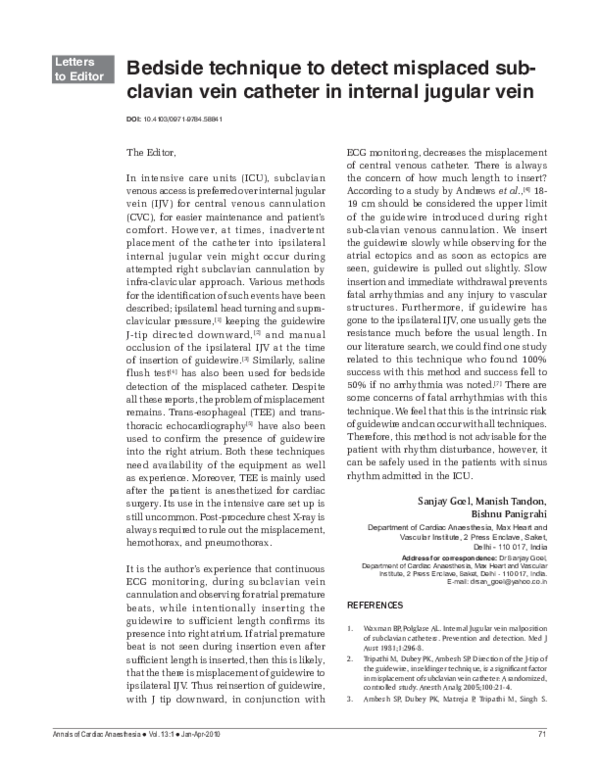 (PDF) Bedside technique to detect misplaced sub-clavian vein catheter in internal jugular vein