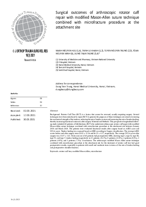 (PDF) Surgical outcomes of arthroscopic rotator cuff repair with ...