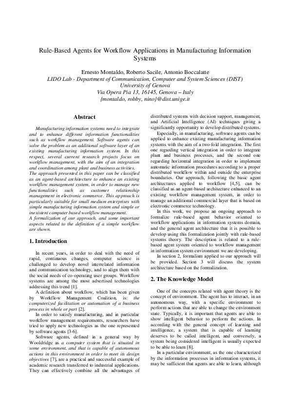Pdf Rule Based Agents For Workflow Applications In Manifacturing