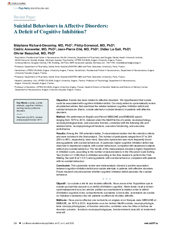 (PDF) Suicidal behaviours in affective disorders: a deficit of cognitive inhibition?