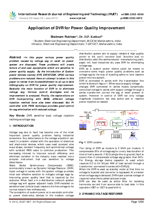 (PDF) Application of DVR for Power Quality Improvement