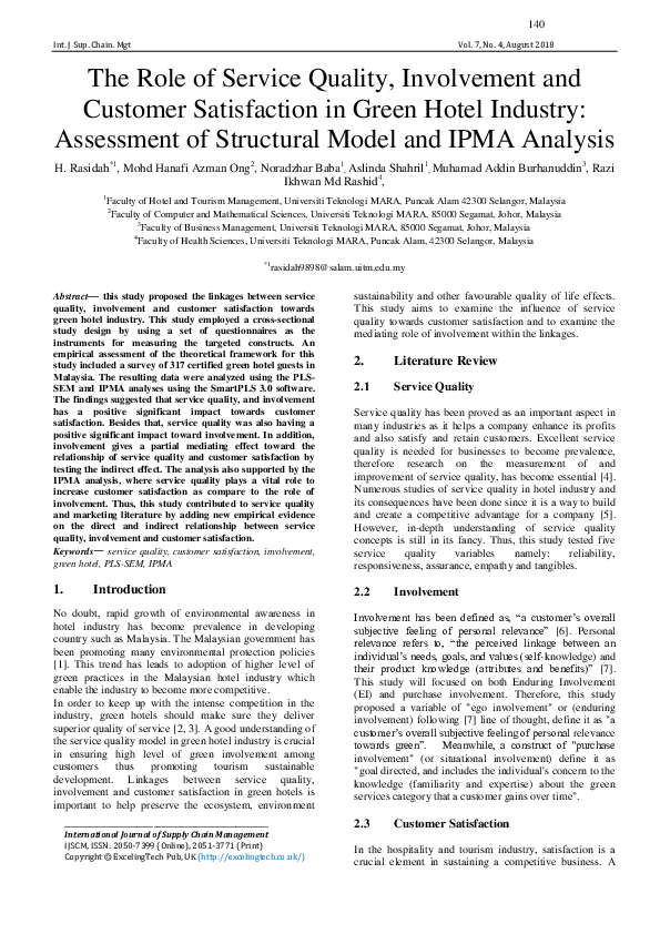 (PDF) The Role of Service Quality, Involvement and Customer ...