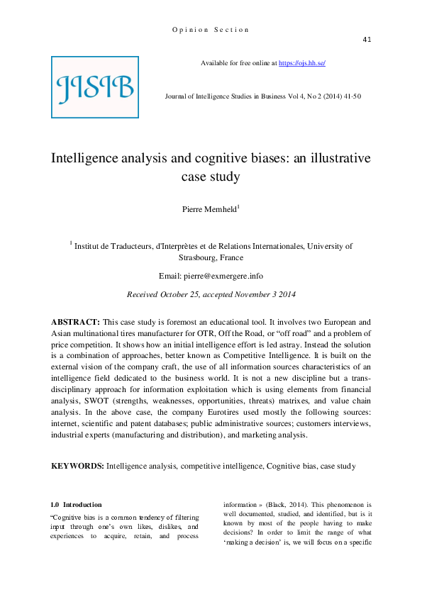 (PDF) Intelligence analysis and cognitive biases: an illustrative case ...