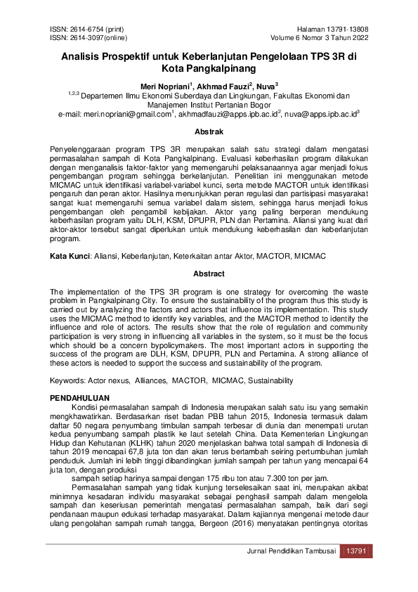 (PDF) Analisis Prospektif untuk Keberlanjutan Pengelolaan TPS 3R di Kota Pangkalpinang