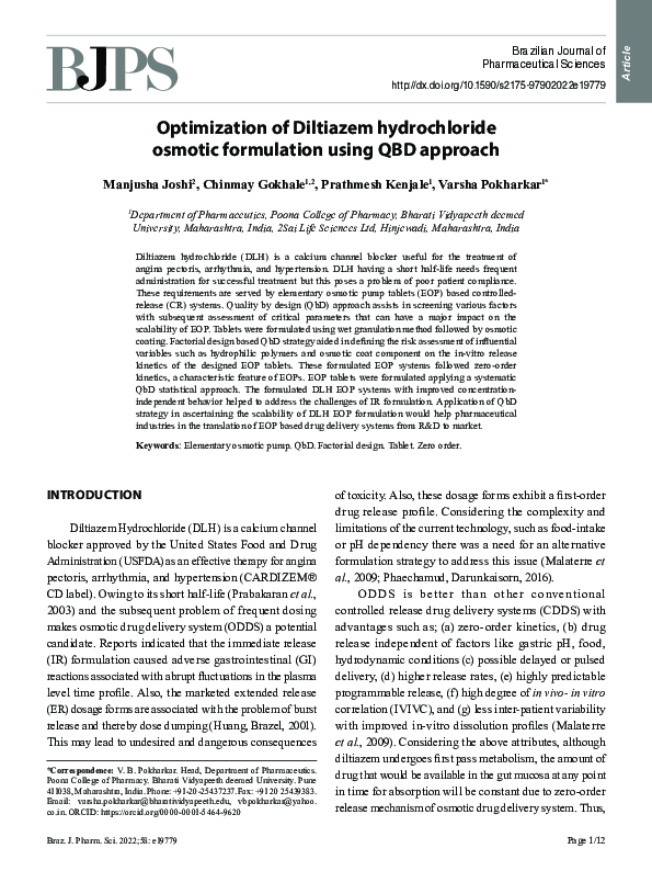 Pdf Optimization Of Diltiazem Hydrochloride Osmotic Formulation Using Qbd Approach