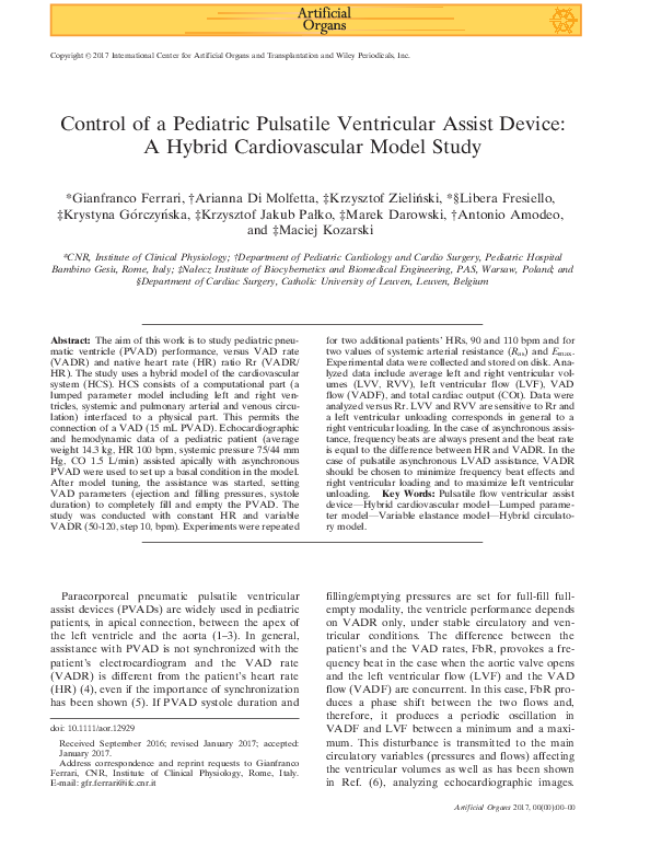(PDF) Control of a Pediatric Pulsatile Ventricular Assist Device: A ...