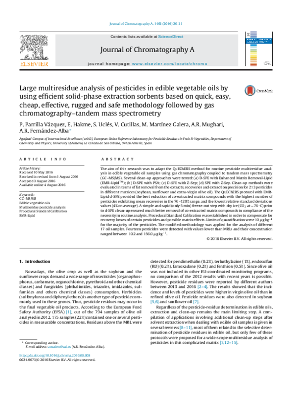 (PDF) Large multiresidue analysis of pesticides in edible vegetable oils by using efficient ...