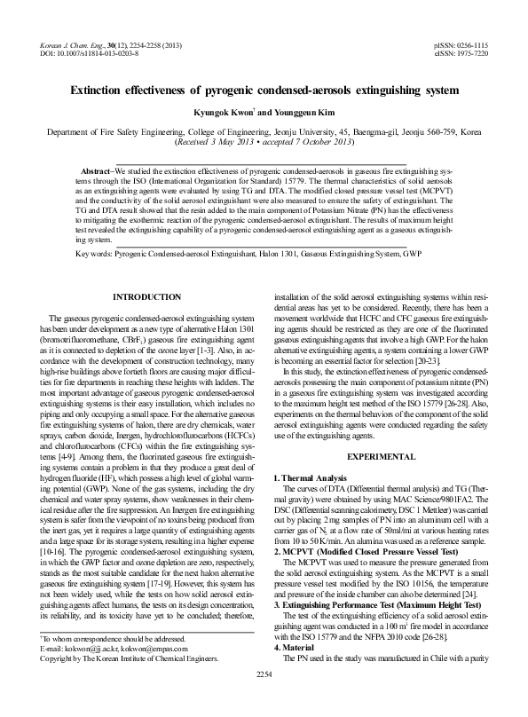 Pdf Extinction Effectiveness Of Pyrogenic Condensed Aerosols Extinguishing System