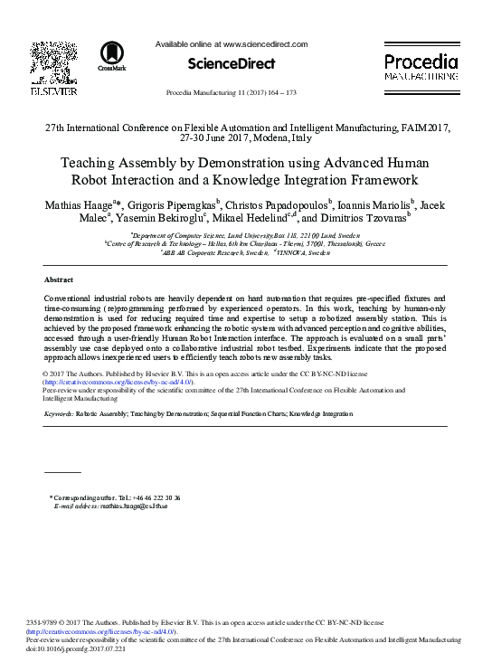 (PDF) Teaching Assembly by Demonstration Using Advanced Human Robot Interaction and a Knowledge ...