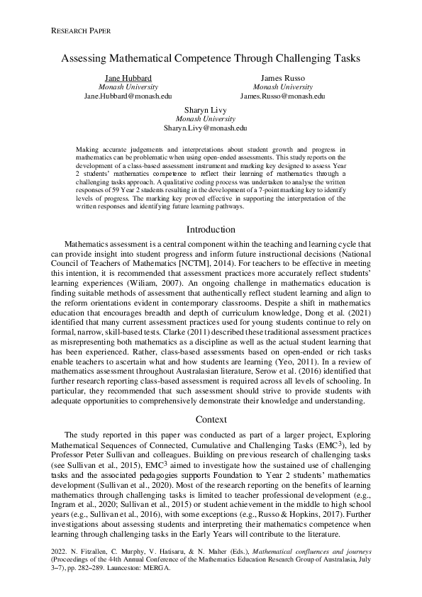 (PDF) Assessing Mathematical Competence Through Challenging Tasks