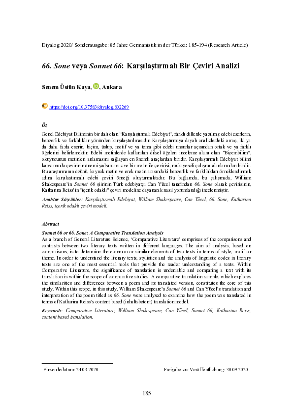 (PDF) 66. Sone veya Sonnet 66: Karşılaştırmalı Bir Çeviri Analizi