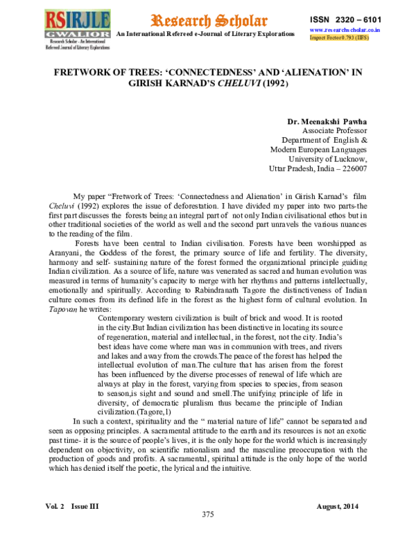 (PDF) Fretwork of Trees: 'Connectedness' and 'Alienation' in Girish ...