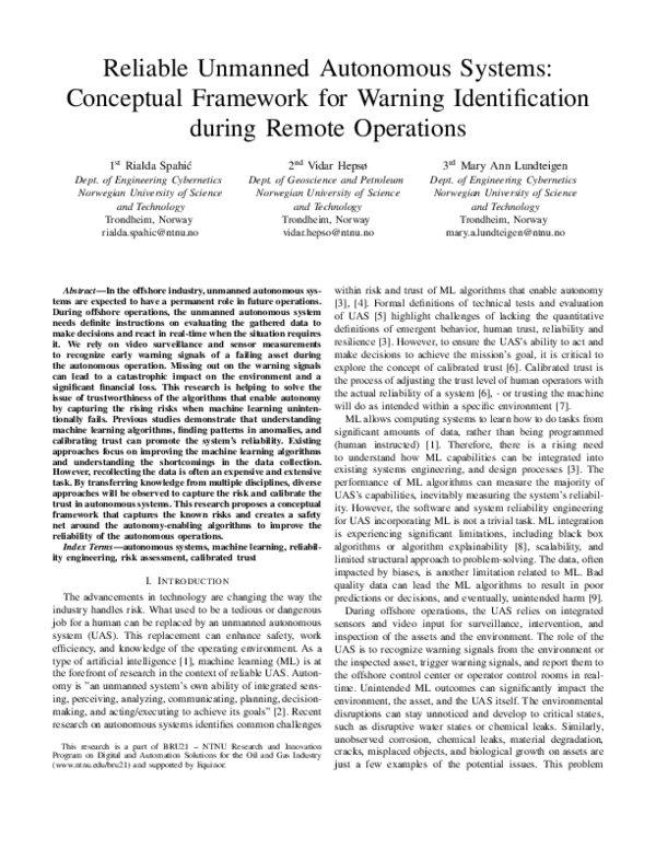 Pdf Reliable Unmanned Autonomous Systems Conceptual Framework For Warning Identification