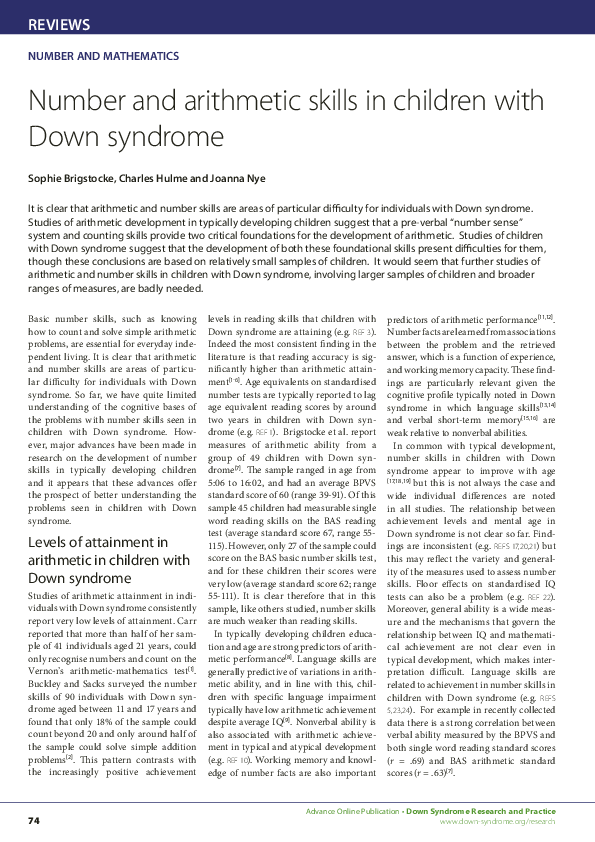 (PDF) Number and arithmetic skills in children with Down syndrome