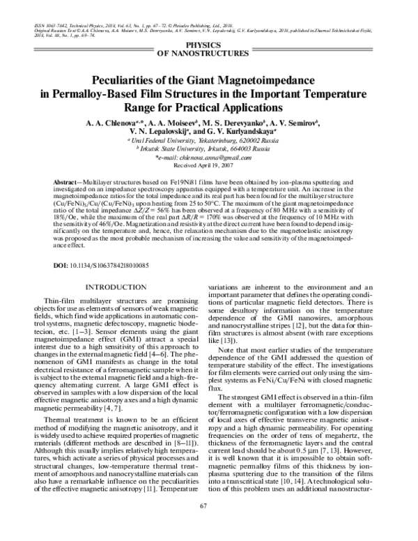 (PDF) Peculiarities of the Giant Magnetoimpedance in Permalloy-Based Film Structures in the ...